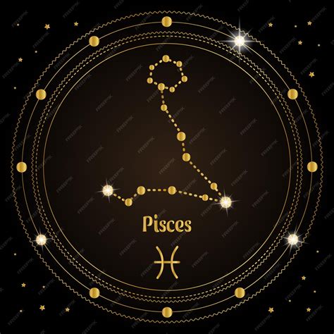 Рыбы созвездие знака зодиака в космическом магическом круге Золотой дизайн на темном Премиум