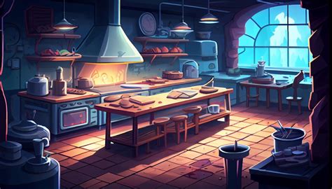 모바일 게임을 위한 식당 주방 2d 배경 환경 고품질 수평 배경 풍경 게임 템플릿 디자인 위치 생성 Ai 프리미엄 사진