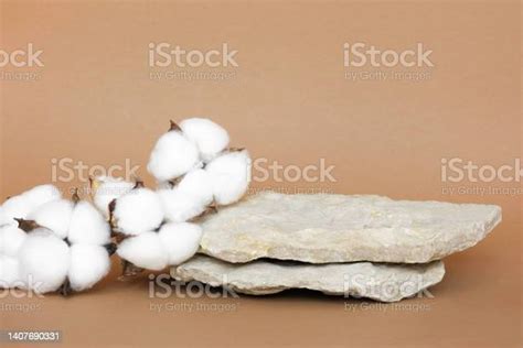 베이지 색 배경에 대한 홍보를위한 돌 연단 자연 받침대 바위 뷰티 제품 모형 제품을 표시하는 장면입니다 쇼케이스 디스플레이 케이스 정면보기 부드러운 그림자 면화 꽃 나무