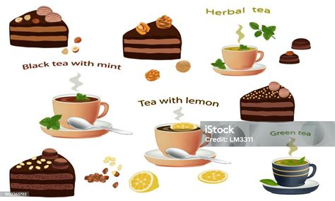 블랙 커피 차 허브 차 녹차 초콜릿 조각 케이크 흰색 배경에 고립 된 견과류와 초콜릿 크림 차와 초콜릿 케이크의 컵입니다 0명에 대한 스톡 벡터 아트 및 기타 이미지