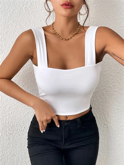 Solid Crop Cami Top Sleeveless Casual Temu