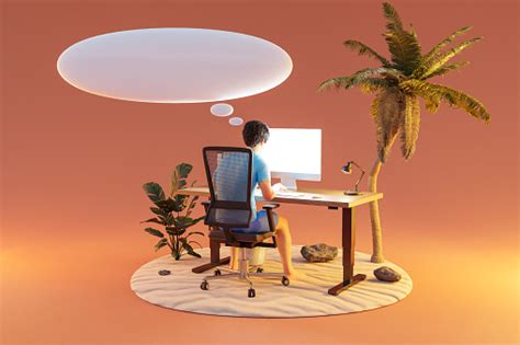 고립된 열대 섬 환경에서 Pc 사무실 작업장에 앉아 있는 남자 무한 배경 작업량 스트레스 소진 개념 3d 일러스트레이션 0명에