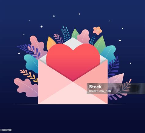 해피 발렌타인 날 사랑 편지 개념입니다 큰 봉투 레드 심장 낭만적인 배경 배너 디자인 꽃 식물에 대한 스톡 벡터 아트 및 기타