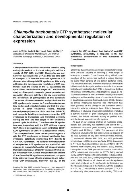 Pdf Chlamydia Trachomatis Ctp Synthetase Molecular Characterization And Developmental