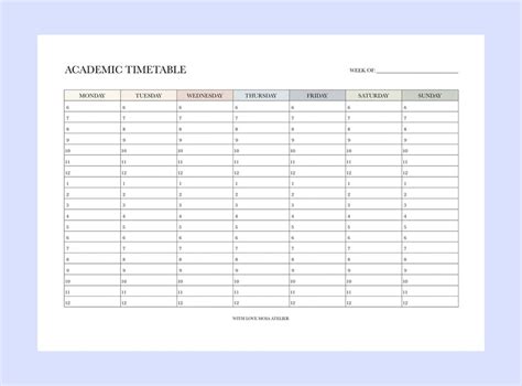 Academic Timetable Template Printable Simple Horizontal Weekly Schedule Daily Time Blocking