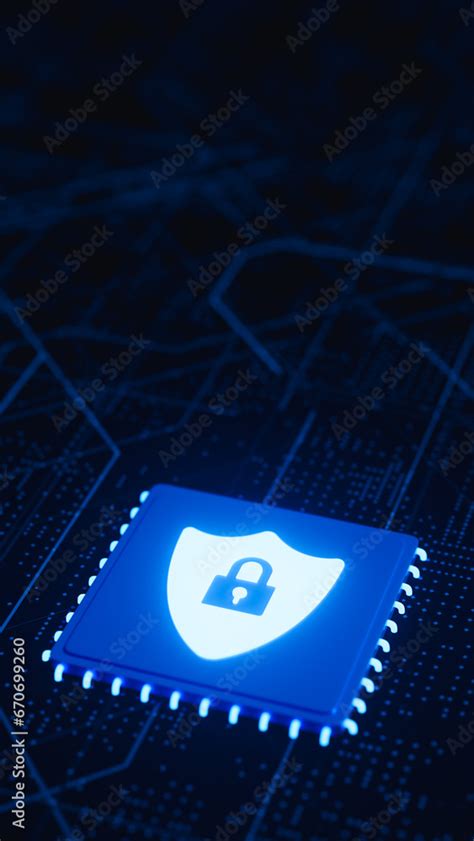 Vertical Image Of Data Microchip With Shield And Padlock As A Symbol Of Information Security