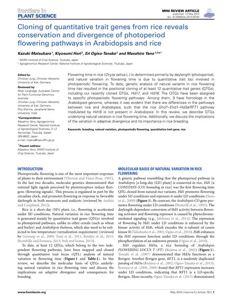 Pdf Cloning Of Quantitative Trait Genes From Rice Reveals Conservation And Divergence Of