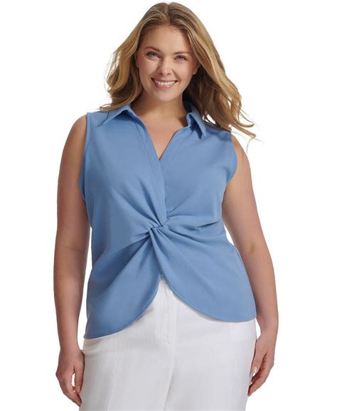 Calvin Klein Plus Size Collared Twist Front Sleeveless Top Macys