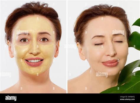 Middle Age Closeup Woman Face Before After Beauty Mask Treatment