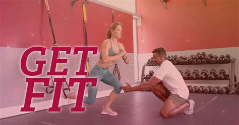 Image Of Get Fit Text Over Diverse Man And Woman Exercising In Gym
