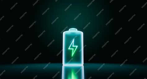 빛나는 전력 네온 불빛 미래 에너지 저장 고용량 충전식 리튬 이온 배터리 미래 전기 자동차 청정 에너지 기술 개념의 3d 렌더링 프리미엄 사진