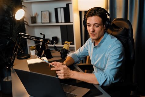 Premium Photo Broadcaster Reading Script Note To Listener In Warm