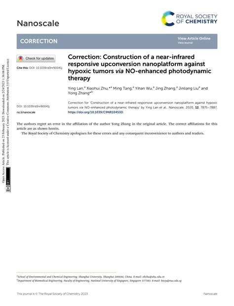 Pdf Correction Construction Of A Near Infrared Responsive Upconversion Nanoplatform Against