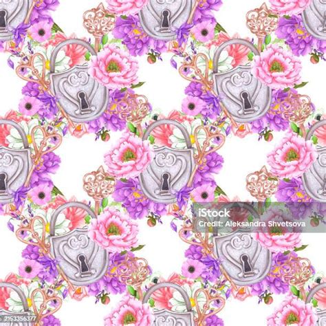손으로 그린 수채화 꽃다발 빈티지 자물쇠 열쇠 완벽 한 패턴 바로크 양식의 그림 흰색 배경에 고립되어 있습니다 직물 선물 포장