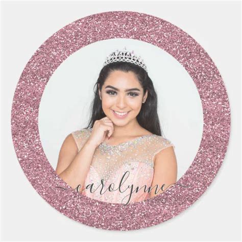 Girly Rose Gold Pink Glitter Name And Photo Classic Round Sticker