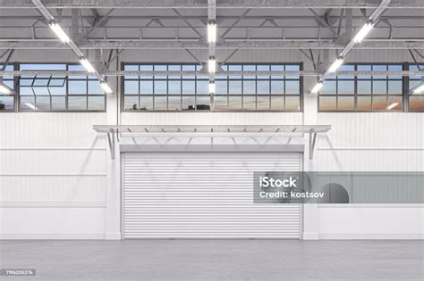 계몽 흰색 빈 격납고 내부 또는 롤러 셔터 문과 흰색 콘크리트 바닥 창고 3d 렌더링 강철에 대한 스톡 사진 및 기타 이미지 강철 겉창 게이트 Istock