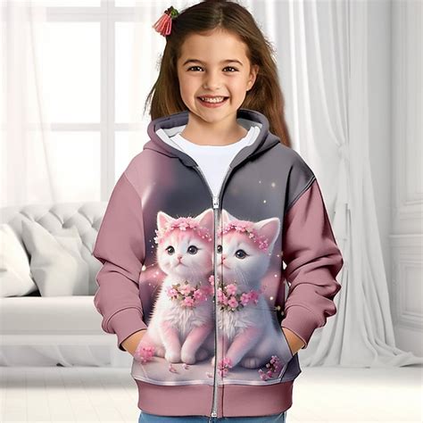Girls 3d Cat Hoodie Coat Outerwear Long Sleeve 3d Print Fall Winter