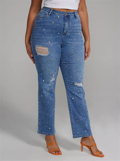 Plus Size High Rise Rhinestone Straight Leg Jeans Fashion To Figure
