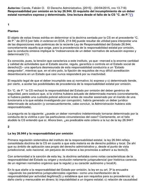 Canda Fabián Responsabilidad Por Omisión En La Ley 26944 El
