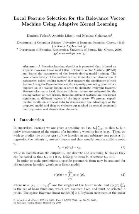 Pdf Local Feature Selection For The Relevance Vector Machine Using Adaptive Kernel Learning