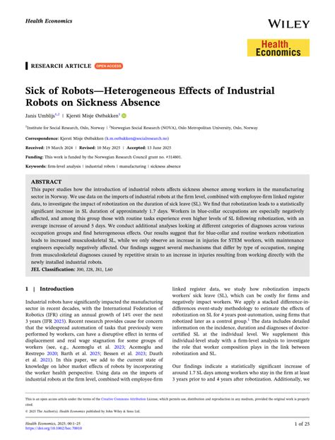 Pdf Sick Of Robots—heterogeneous Effects Of Industrial Robots On Sickness Absence