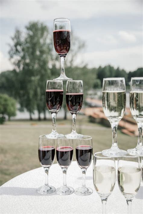 Glasses Of White Champagne At The Presentation And Buffet Table Stock