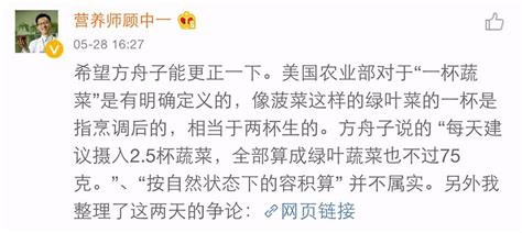 方舟子 On Twitter 就算生菜一杯按两杯算，那么usda推荐的每天吃蔬菜的量全算成绿叶蔬菜也不过150克，远少于顾中医的一天一斤