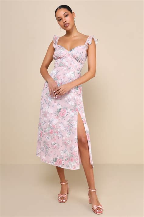 Blush Floral Midi Dress Ruffled Tie Strap Dress Midi Dress Lulus