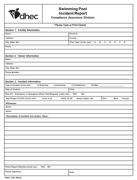 Incident Report Form Swimming Pool
