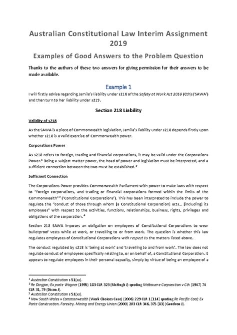Hd Example Interim Assignment 2019 Australian Constitutional Law