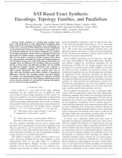 Pdf Sat Based Exact Synthesis Encodings Topology Families
