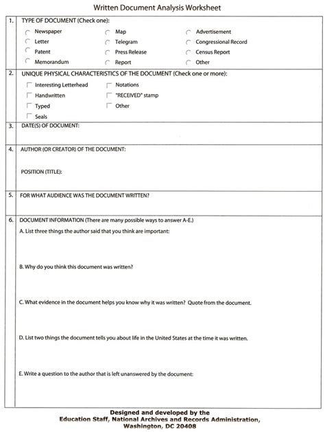 Historical Document Analysis Worksheet From National Archives