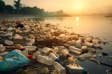 Contaminación de la playa botellas de plástico y otra basura en el río