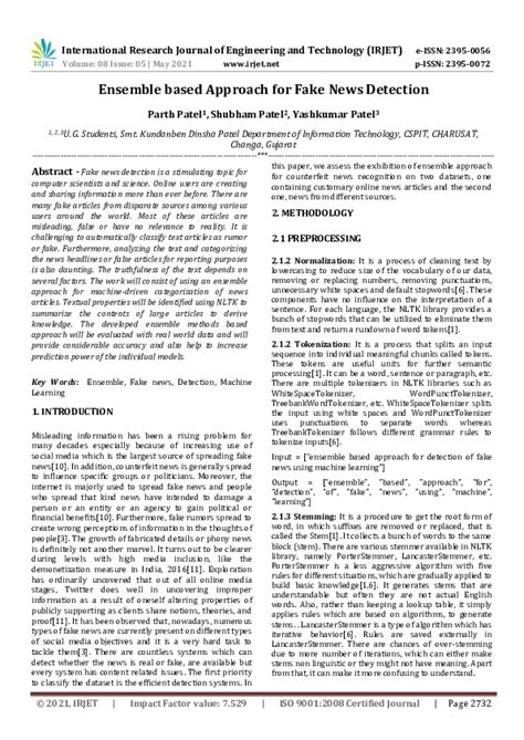 Pdf Ensemble Based Approach For Fake News Detection