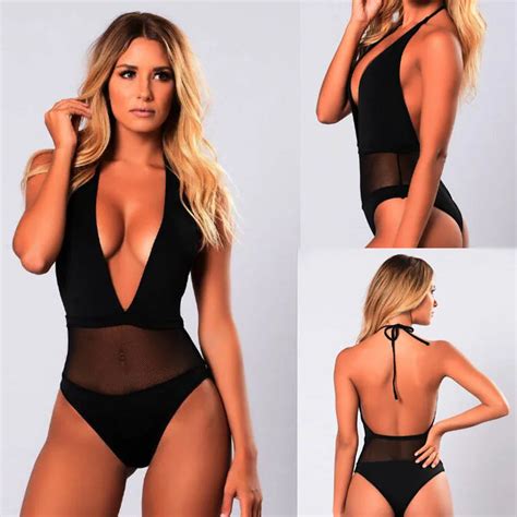Sexy Women Deep V Neck One Piece Swimming Wear High Waist Mesh Patchwork Bandage Swimsuit