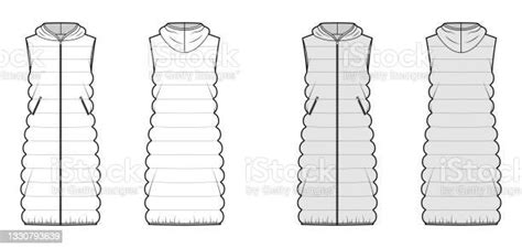 후드 다운 조끼 퍼퍼 웨이스트 코트 기술 패션 일러스트 와 Zipup 클로저 미디 길이 클래식 퀼팅 건강관리와 의술에 대한 스톡