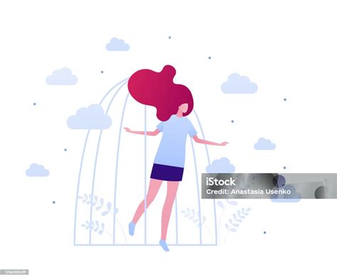 심리학 감정 및 심리 치료 환자 개념 벡터 플랫 인물 일러스트레이션 케이지 감옥에서 나가는 여성 캐릭터 정신 건강 및 가정 학대