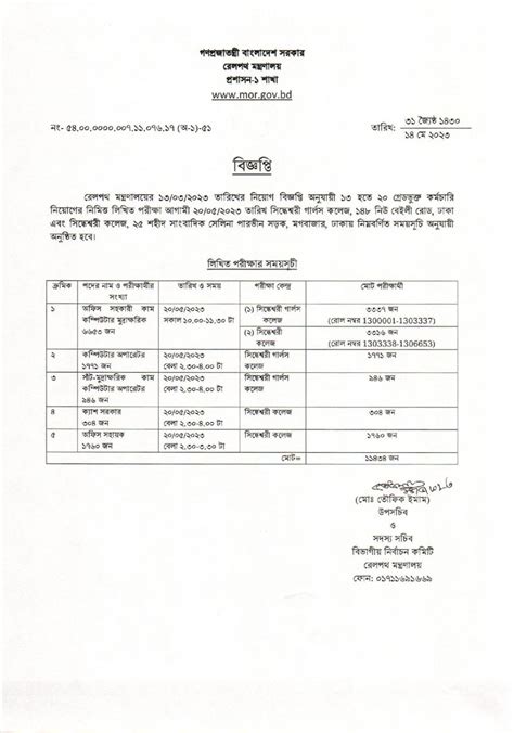 রেলপথ মন্ত্রণালয়ে নিয়োগ পরীক্ষার প্রবেশপত্র ও সময়সূচি ২০২৩
