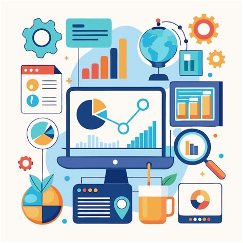 data analysis with pie charts bar graphs line graphs and a magnifying
