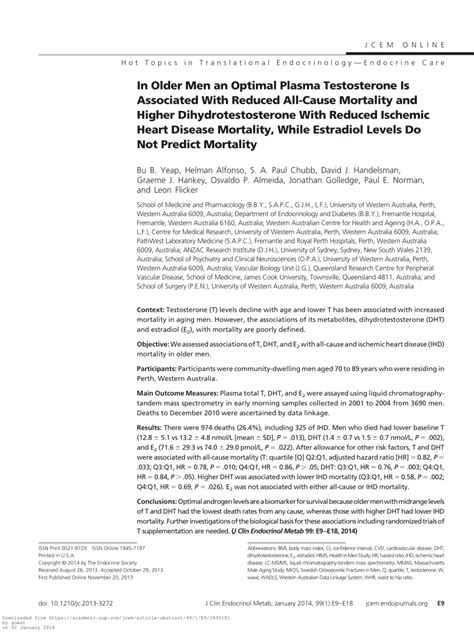Pdf In Older Men An Optimal Plasma Testosterone Is Associated With