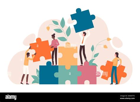 Teamwork And Startup Concept In Flat Vector With A Giant Puzzle Symbolizing Collaboration And