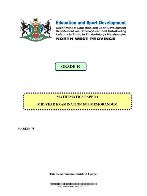 Mid Year Examination 2019 Mathematics Paper 1 Memorandum Pdf