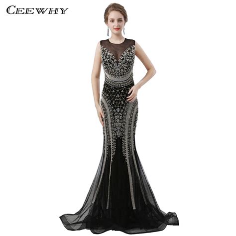 Ceewhy Black Mermaid Dress Open Back Luxury Crystal Evening Dress