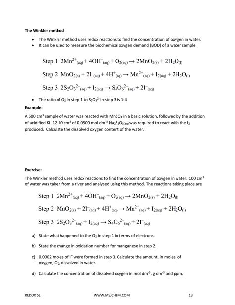91 The Winkler Method Redox Sl Msjchem 13 The Winkler Method X
