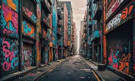 Narrow Alleyway In City Lined With Colorful Graffiti Covered Buildings