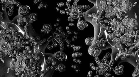 곡선 물결 모양의 선으로 초현실적 인 외계 유기체 꽃의 일부가있는 단색 흑백 추상 예술의 3d 렌더링은 검은 색에 다층 효과가있는 작은 반투명 공 입자가 형성됩니다 0명에