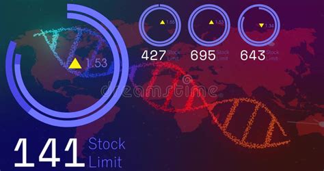 animation of data processing and diagrams over world map and dna strand