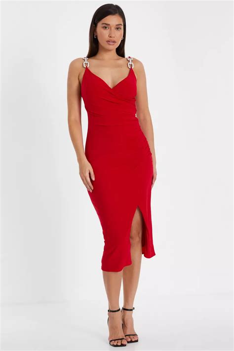 Red Diamante Strap Midi Dress Quiz Clothing