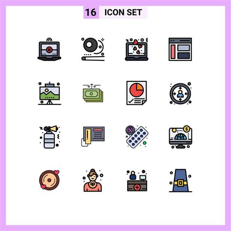 Set Of 16 Vector Flat Color Filled Lines On Grid For Office User Laptop
