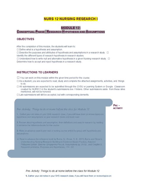 Nurs 12 Module 12 Research Hypothesis And Assumptions First Semester Ay